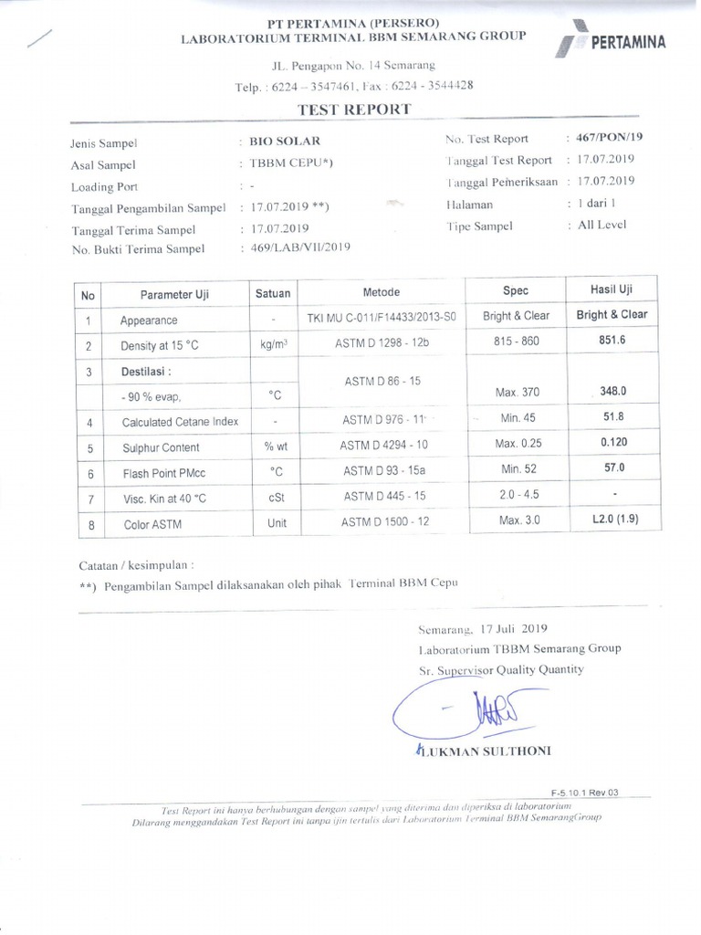 Test Report SOLAR INDUSTRI, DEPOT PERTAMINA PENGAPON. | PDF