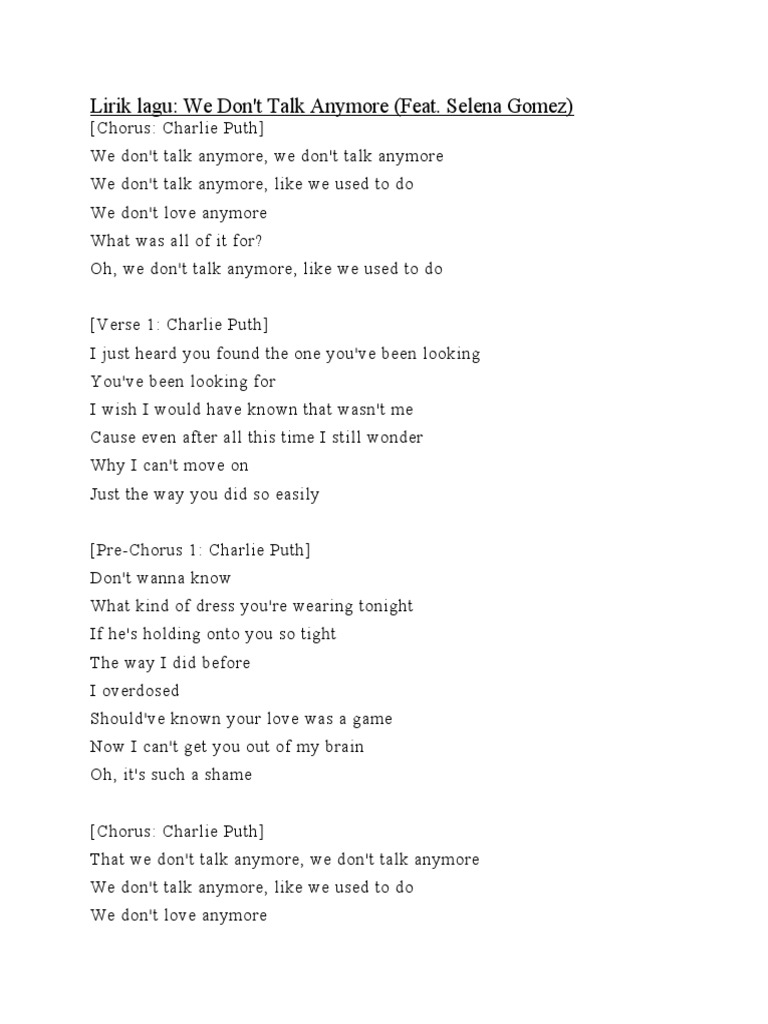 We Don't Talk Anymore Lyrics | PDF | Singles | Song Structure