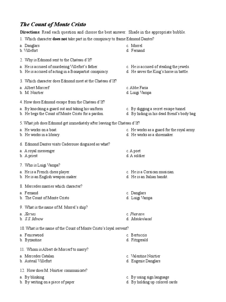 Count of Monte Cristo Quiz Questions | PDF | The Count Of Monte Cristo ...