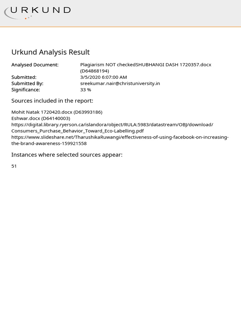 Urkund Report - Plagiarism NOT checkedSHUBHANGI DASH 1720357.docx (D64868194) PDF | PDF | Social ...