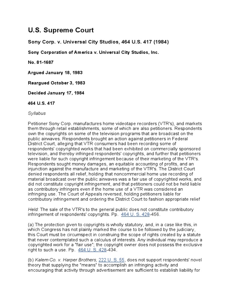 Sony Vs Universal Studio | PDF | Copyright Infringement | Supreme Court ...