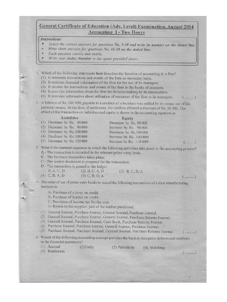 GCE A/L 2014 Accounting I & II (English) - Past Paper | PDF