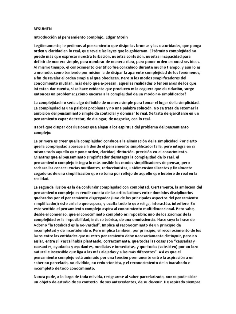 RESUMEN Introducción Al Pensamiento Complejo. MORIN, E | PDF | Complejidad | Conocimiento