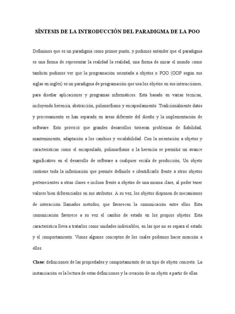 Síntesis de La Introducción Del Paradigma de La Poo | PDF | Objeto ...
