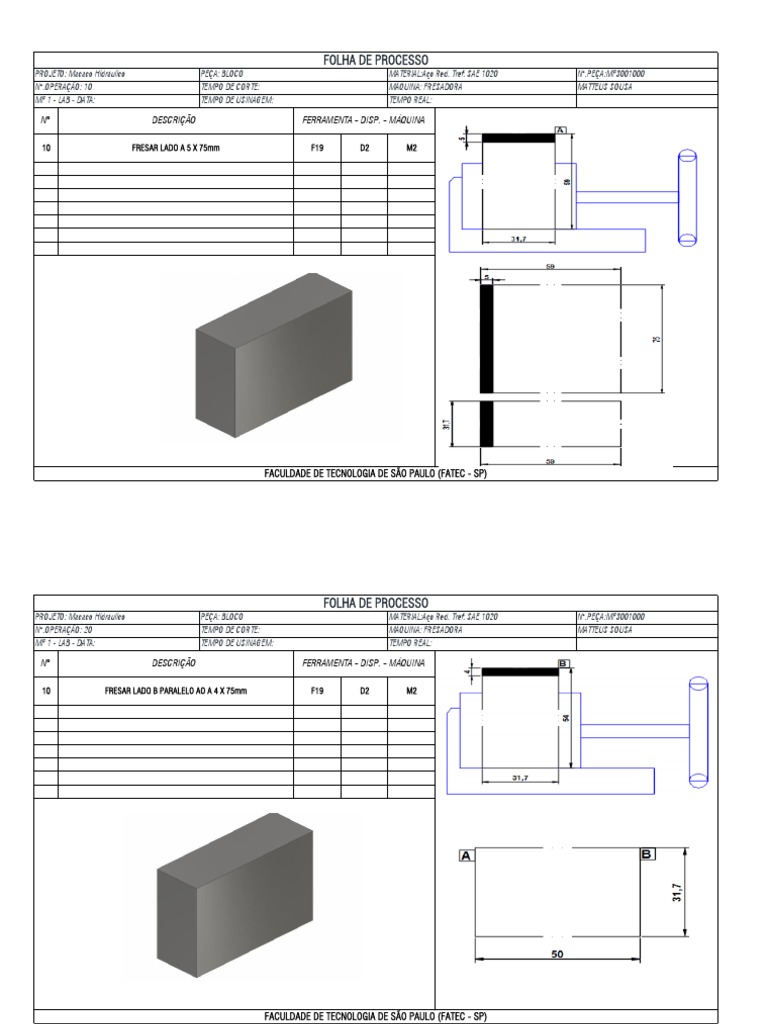 Folha de processos de usinagem de bloco para projeto de macaco ...