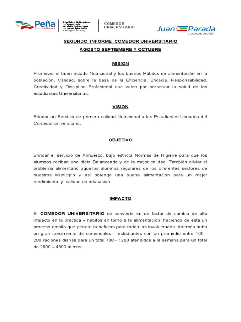 Segundo Informe Comedor Universitario | PDF | Cereales | Nutrición
