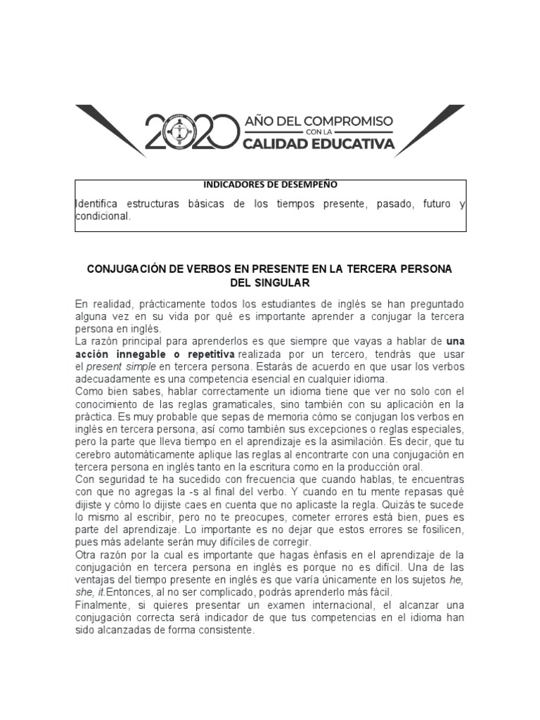 Conjugación De Verbos En Presente En La Tercera Persona Del Singular