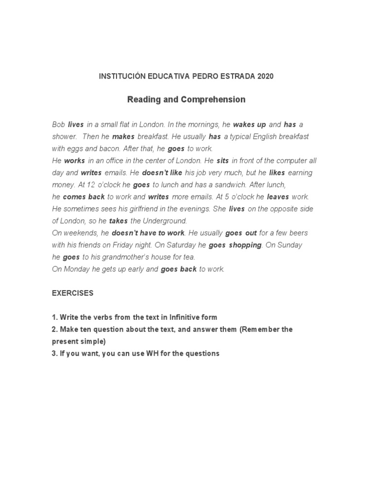 Lectura Comprensiva en Presente Simple | PDF