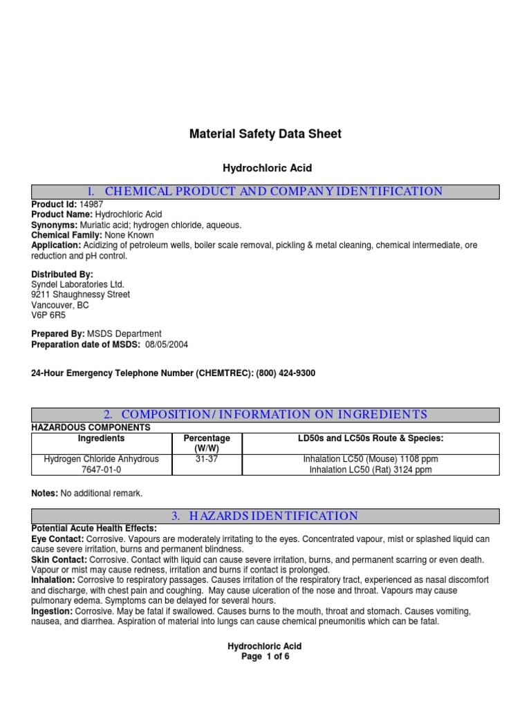 Muriatic Acid Msds | PDF | First Aid | Cardiopulmonary Resuscitation