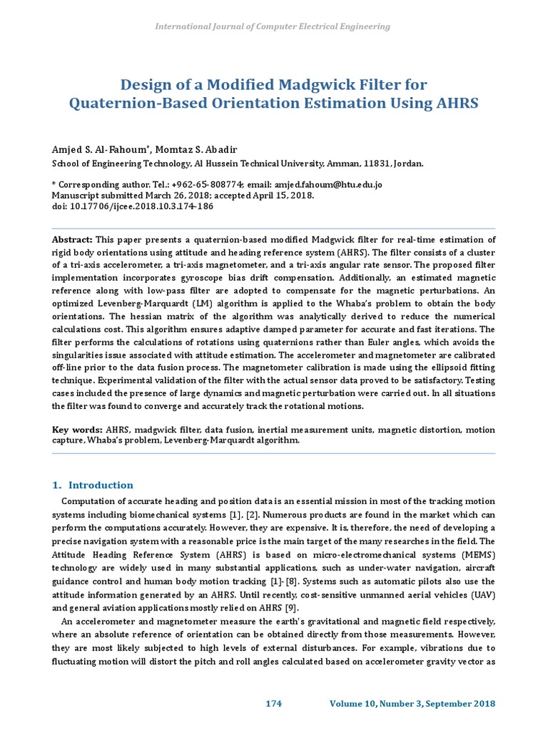 Design of A Modified Madgwick Filter For Quaternion-Based Orientation Estimation Using AHRS ...
