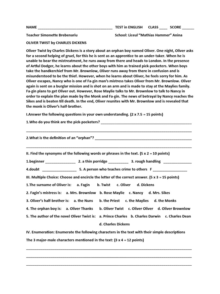 2020 Test in English Oliver Twist by Charles Dickens For High School ...