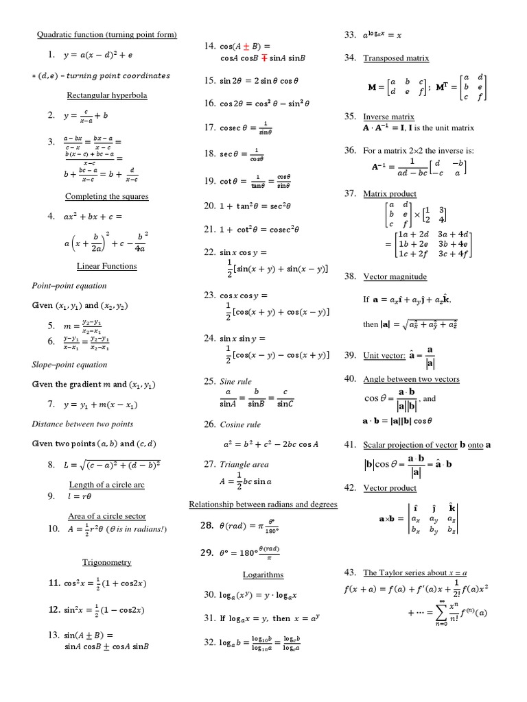 Formula sheet-ENM1600 | PDF | Trigonometric Functions | Euclidean Vector