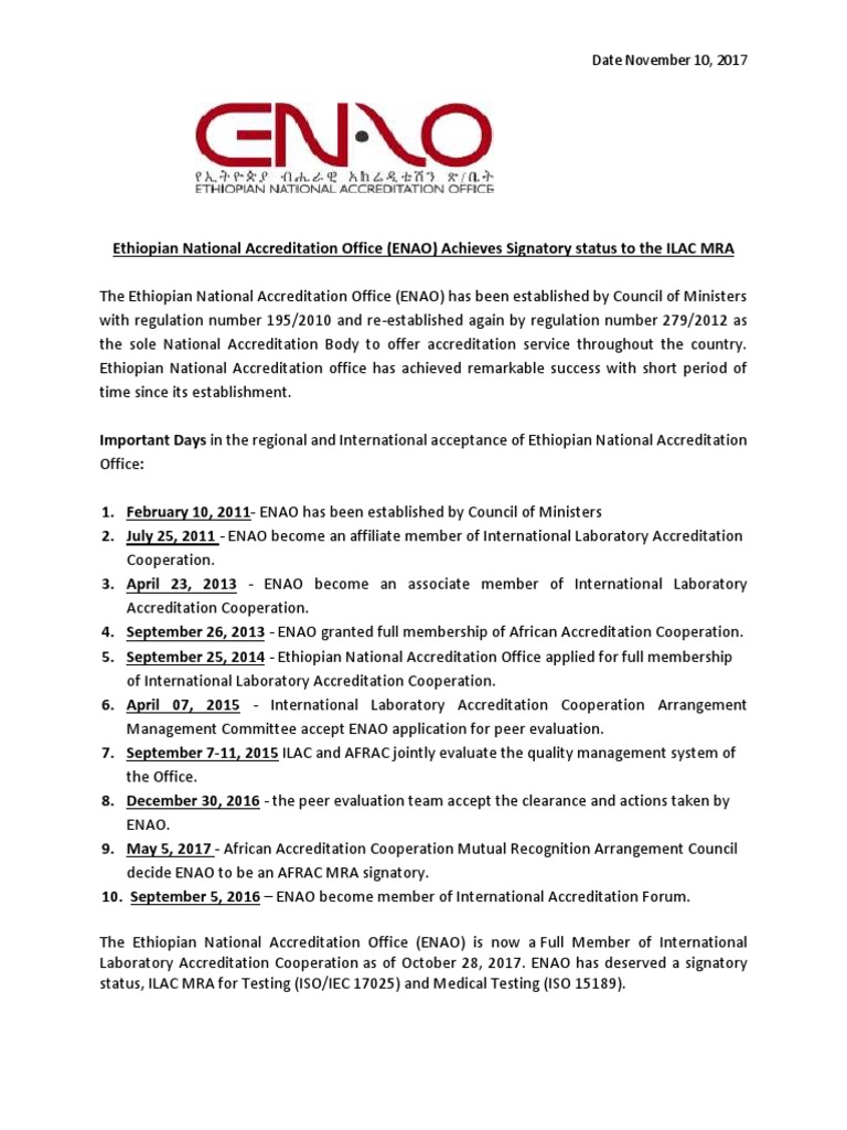 ENAO Achieves Signatory Status To The ILAC MRA | PDF | Ethiopia ...