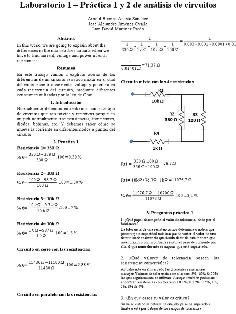 Presentacion Formato IEEE Laboratorio 1 - Práctica 1 y 2 | PDF | Resistencia Eléctrica y ...