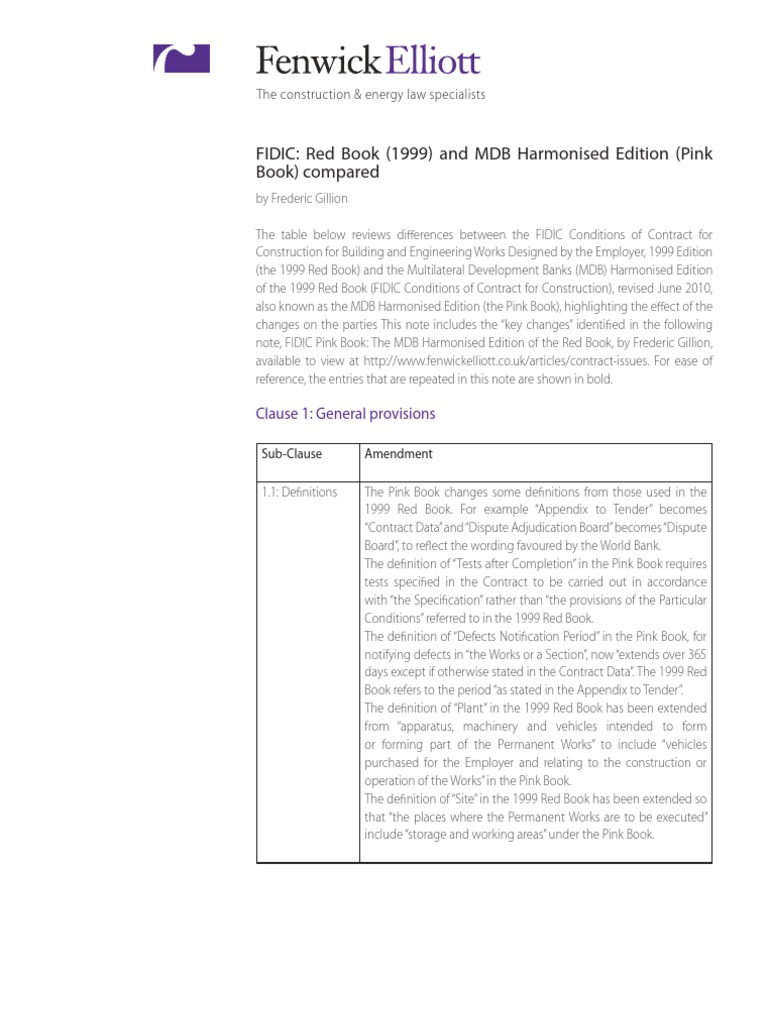 FIDIC, Red Book (1999) and MDB Ed Edition (Pink Book) Compared | PDF