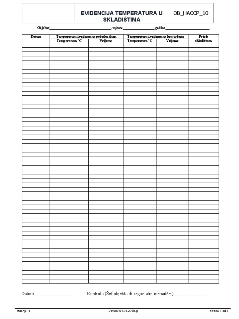 OB - HACCP - 10 Evidencija Temperature U Skladištima | PDF
