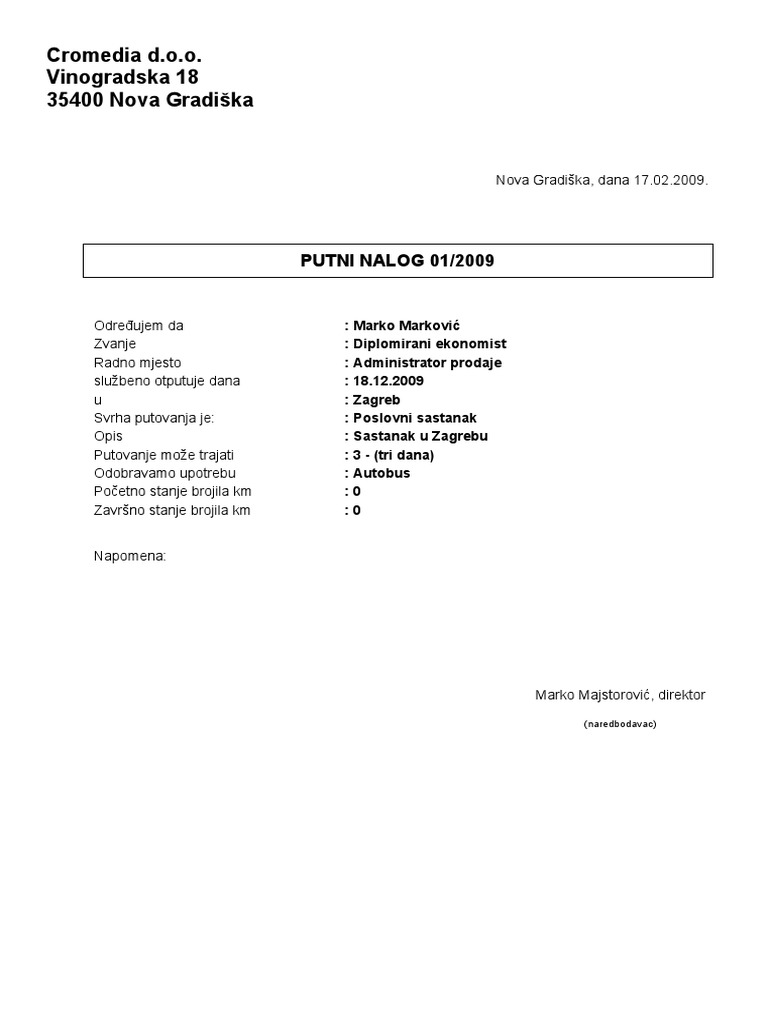 Putni Nalog Primjer | PDF