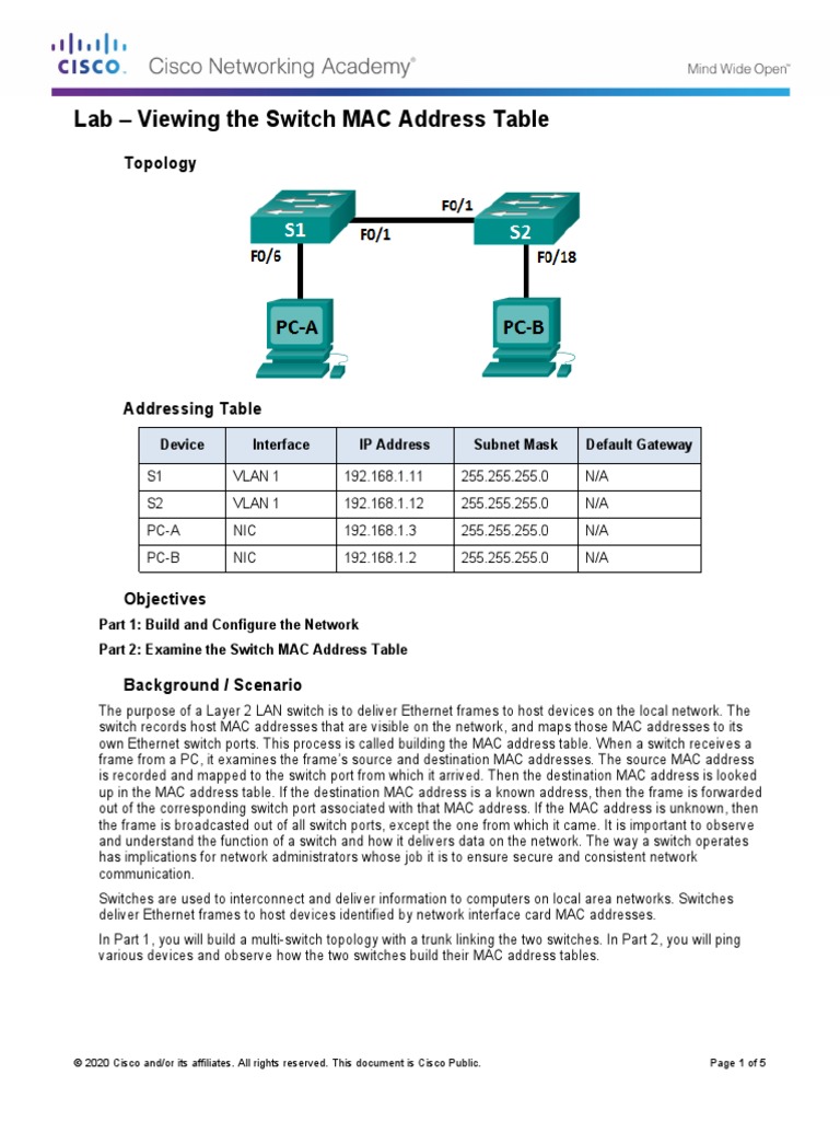 5.2.1.7 Lab - Viewing The Switch MAC Address Table | Download Free PDF | Network Switch ...