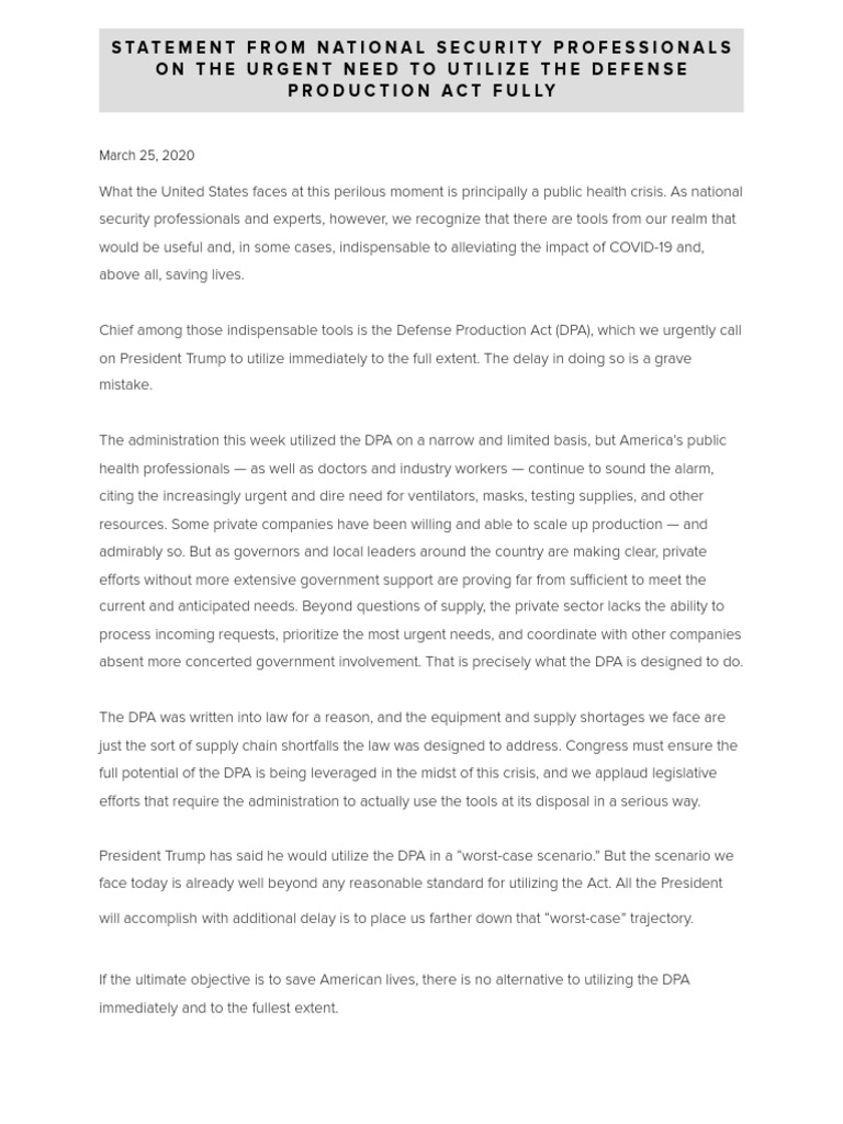 DPA Statement | United States National Security Council | United States ...