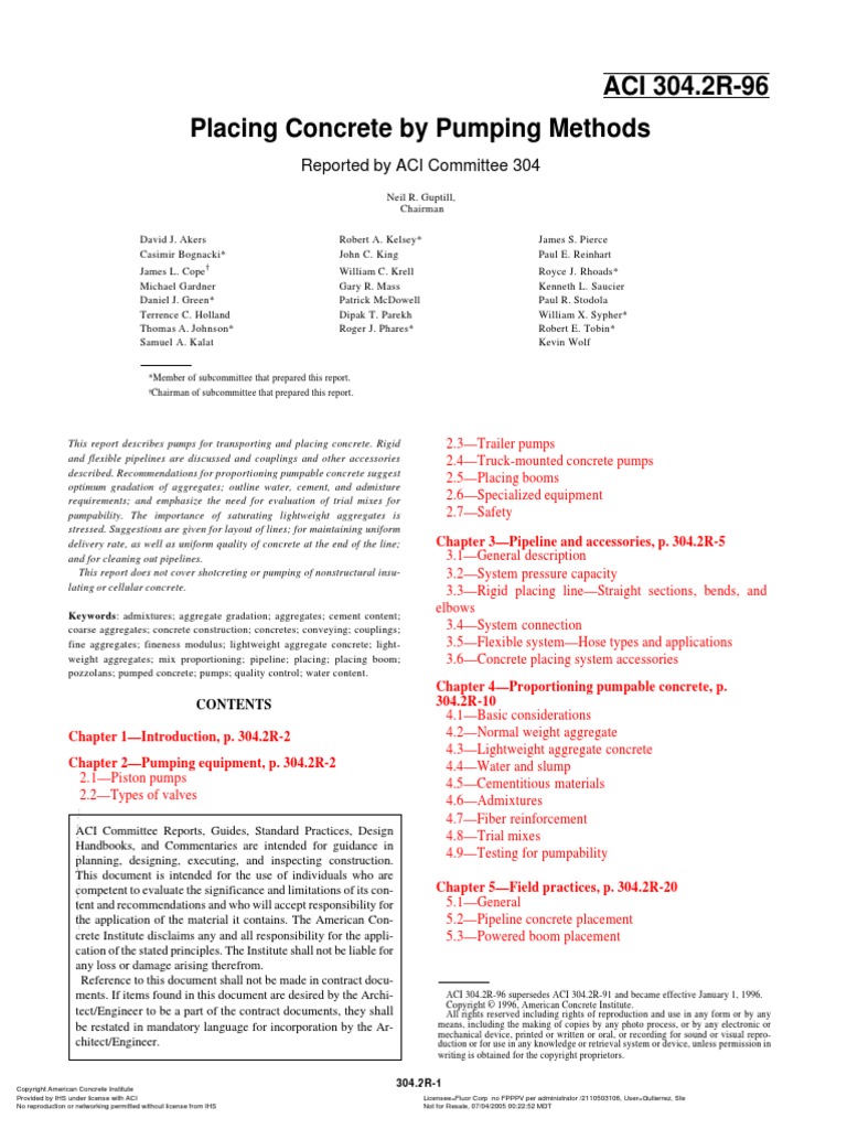ACI 304.2R 96 Placing-Concrete-by-Pumping PDF | PDF | Pump | Horsepower