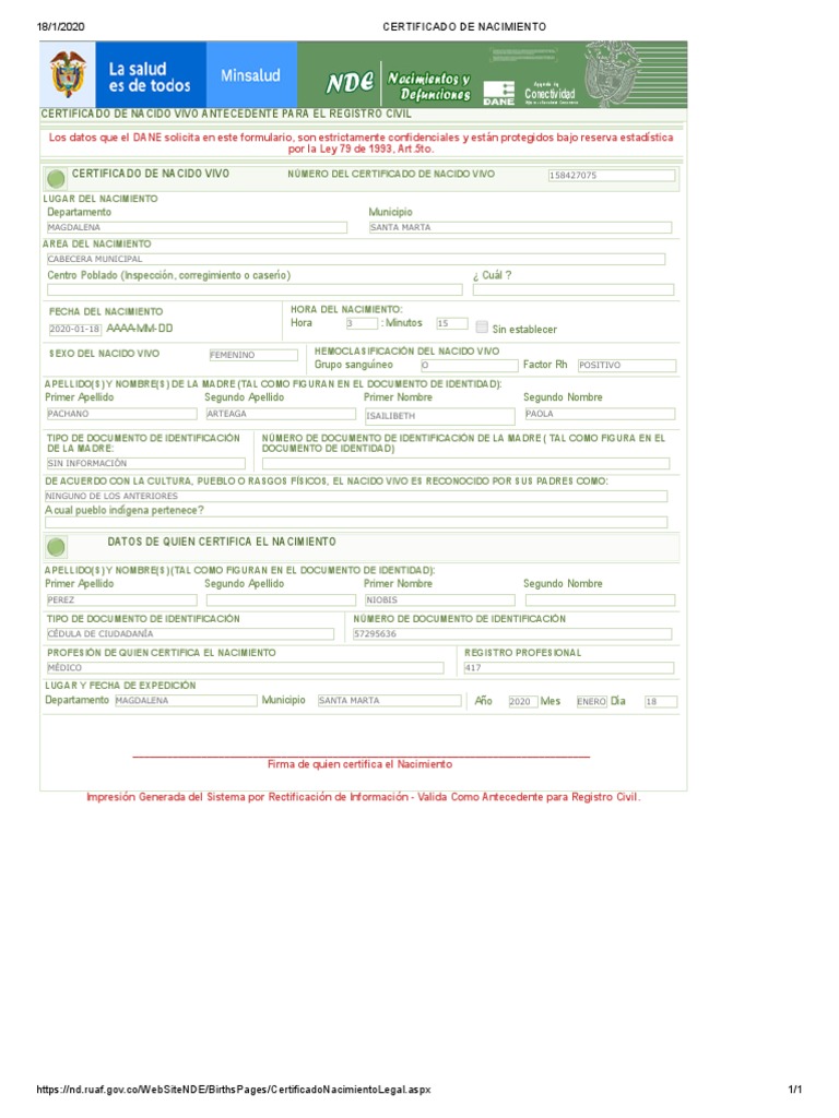 Certificado de Nacimiento 158427075 | PDF | Certificado de nacimiento | Gobierno y personalidad