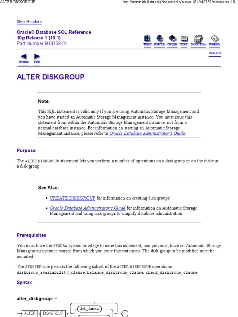 Alter Diskgroup Oracle® Database Sql Reference 10g Release 1 101 Part Number B10759 01 Pdf
