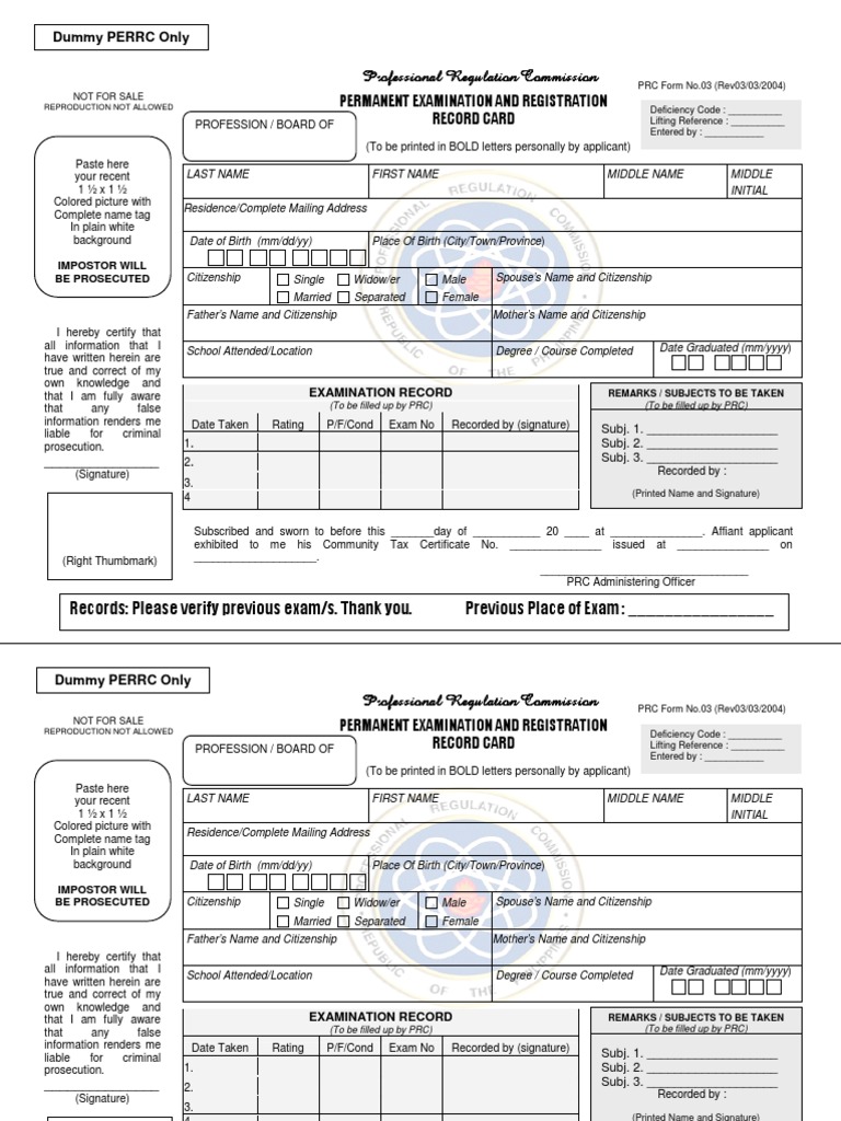 PRC Permanent Examination and Registration Record Card (PERRC) | PDF