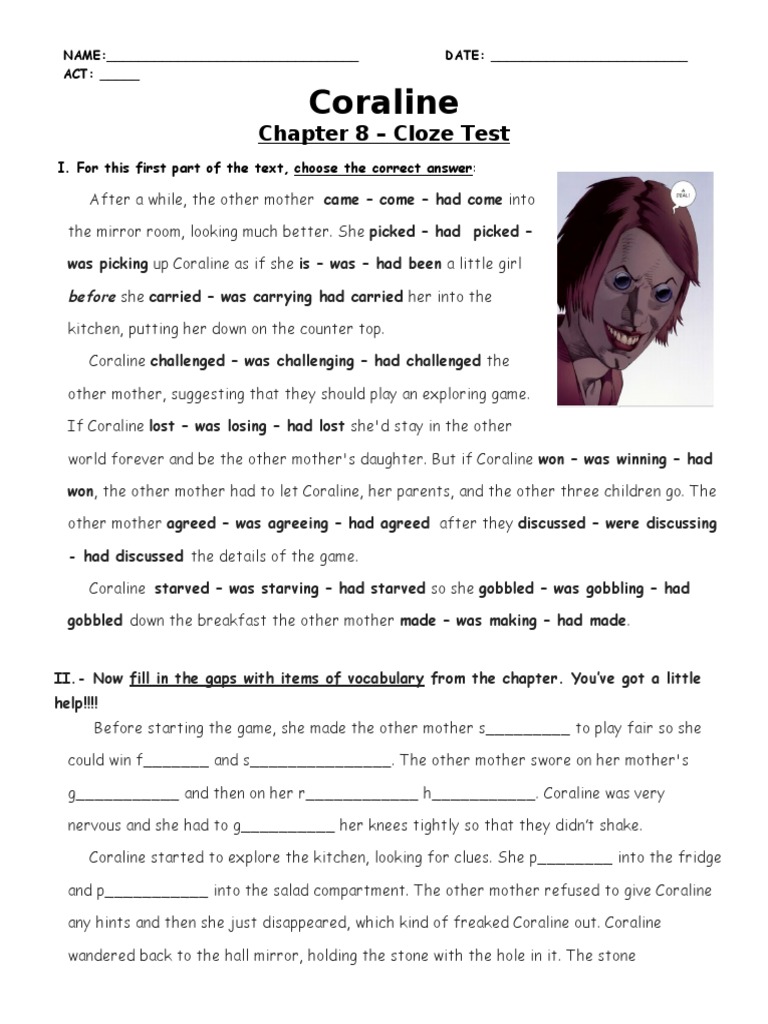 Coraline CH 8 Cloze Test Worksheet Templates Layouts - 101977 | PDF