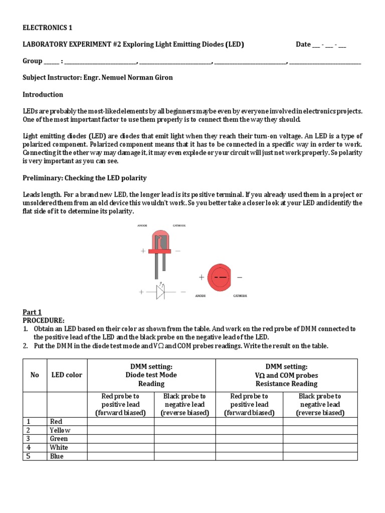 Laboratory Experiment 2 Colored LEDs PDF | PDF | Diode | Direct Current