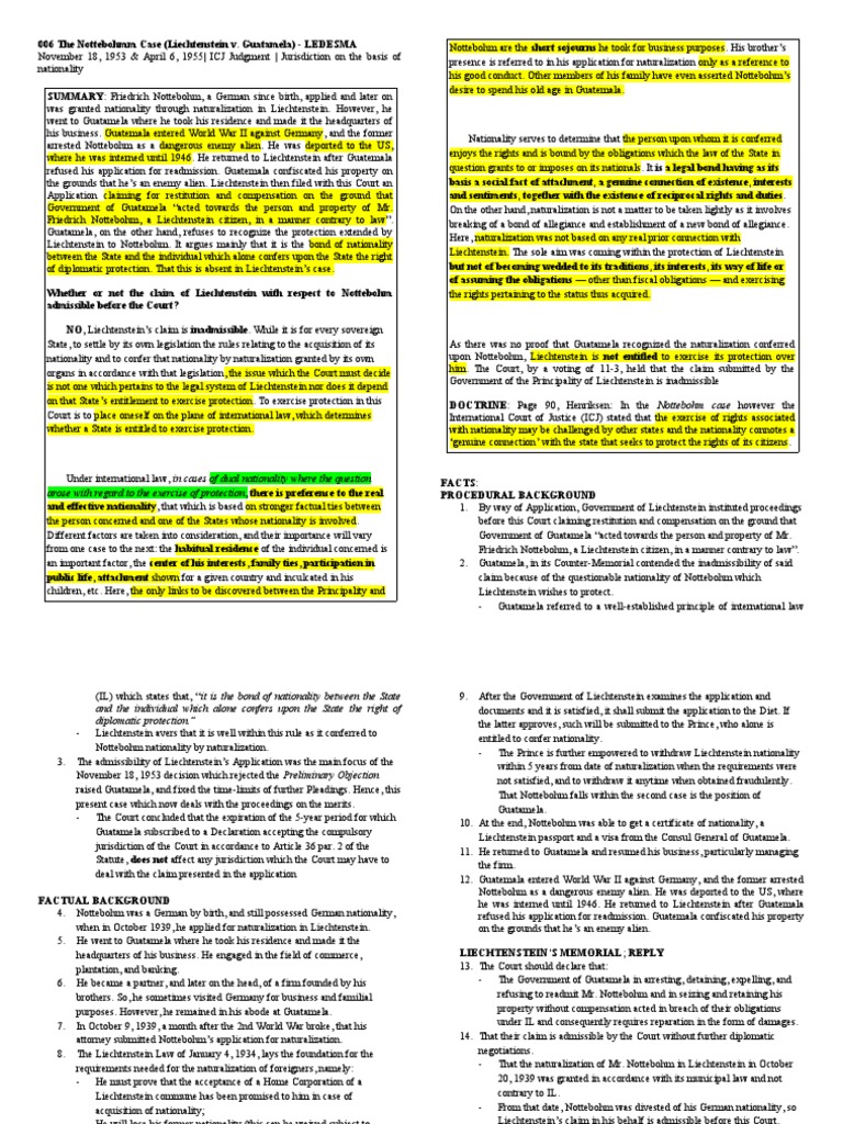 Nottebohm Case: ICJ Ruling Summary | PDF | Nationality | International Law