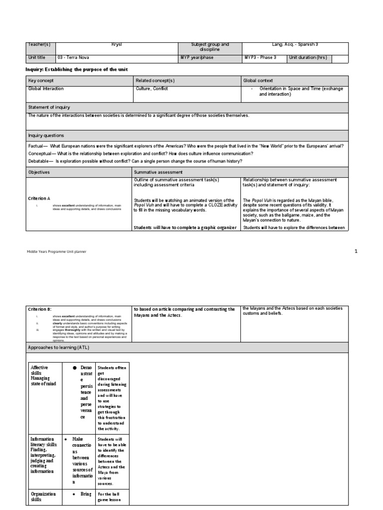 IB Unit Planner - Spanish 3 - Terra Nova | PDF | Maya Civilization ...