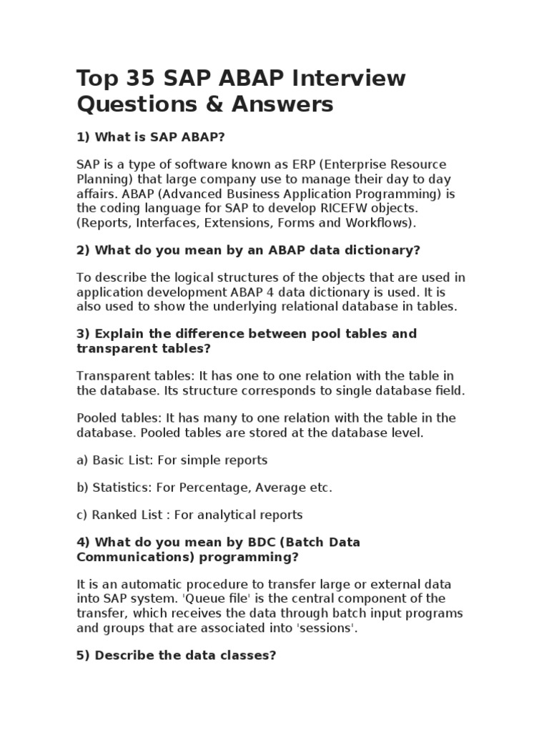 SAP ABAP 35 Interview Questions | PDF | Parameter (Computer Programming) | Databases