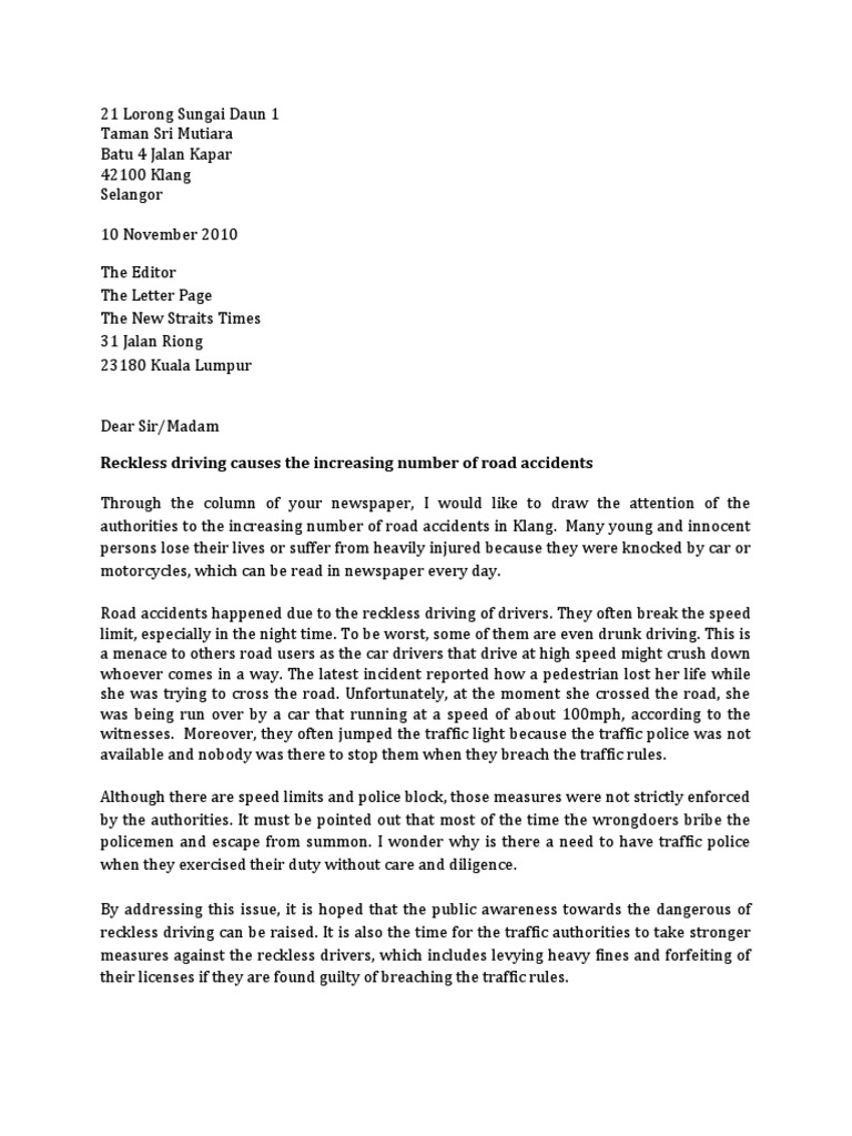 Letters To Editor (Reckless Driving) | PDF