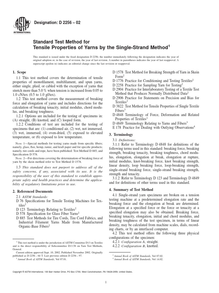 Astm D 2256 2002 PDF | PDF | Yarn | Young's Modulus