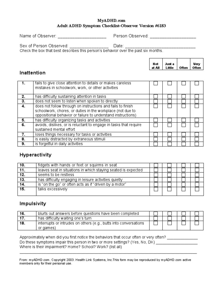 Adult ADHD Symptom Checklist-Observer Version #6183 | PDF | Self ...