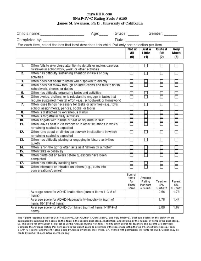 SNAP-IV ADHD Rating Scale Guide | PDF | Neuropsychological Assessment ...