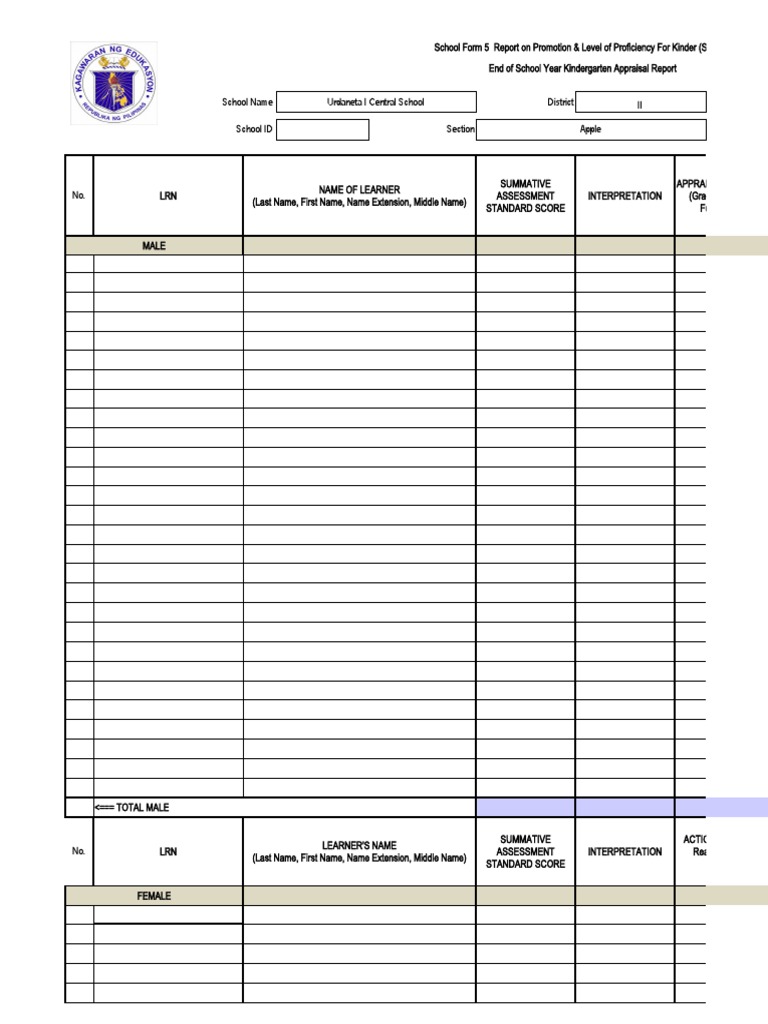 School Form 5 SF5K Report On Promotion and Level of Proficiency For ...
