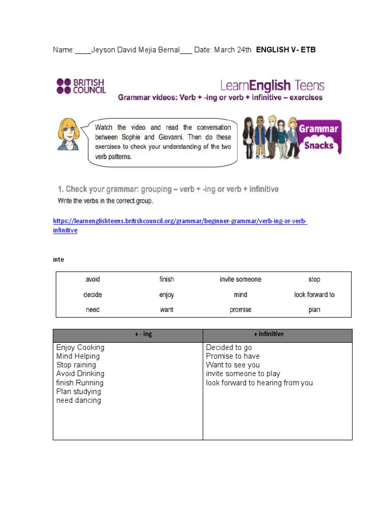 Verb + Ing and Infinitive Exercises | PDF | Language Arts & Discipline ...