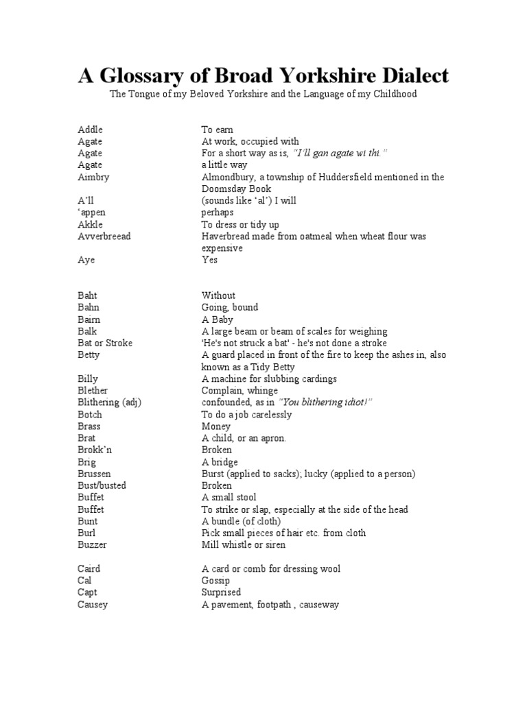 100 Broad Yorkshire Dialect | PDF | Textiles | Textile Arts