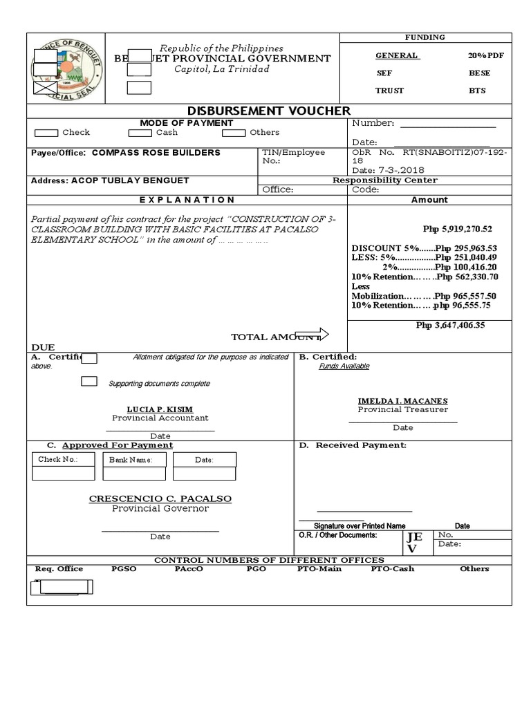 Disbursement Voucher Template for Projects | PDF | Payments | Business Law