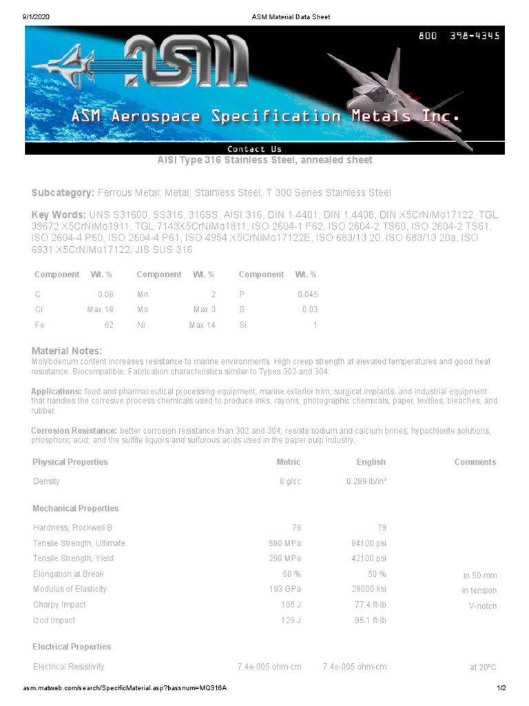 ASM Material Data Sheet | PDF | Stainless Steel | Metals