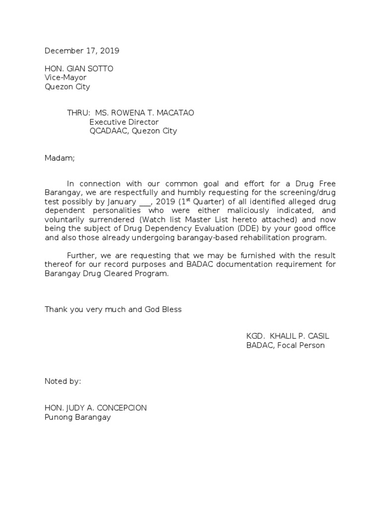 Drug Test Resquest Letter | PDF