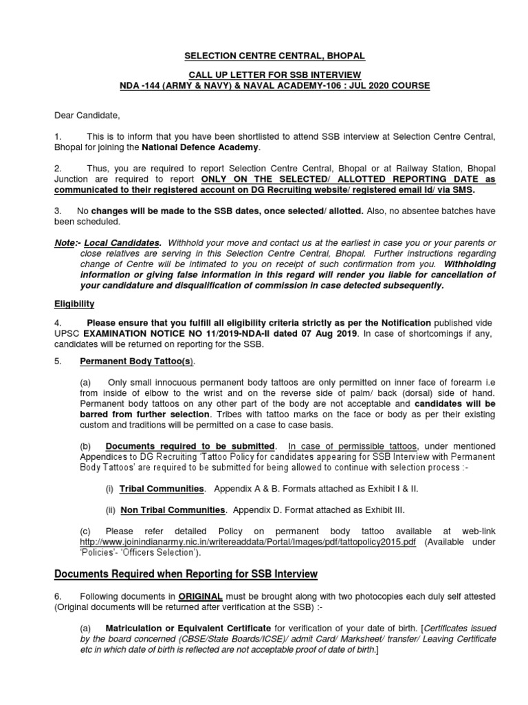 SSB Interview Call Letter NDA-144 Bhopal | PDF | Identity Document ...