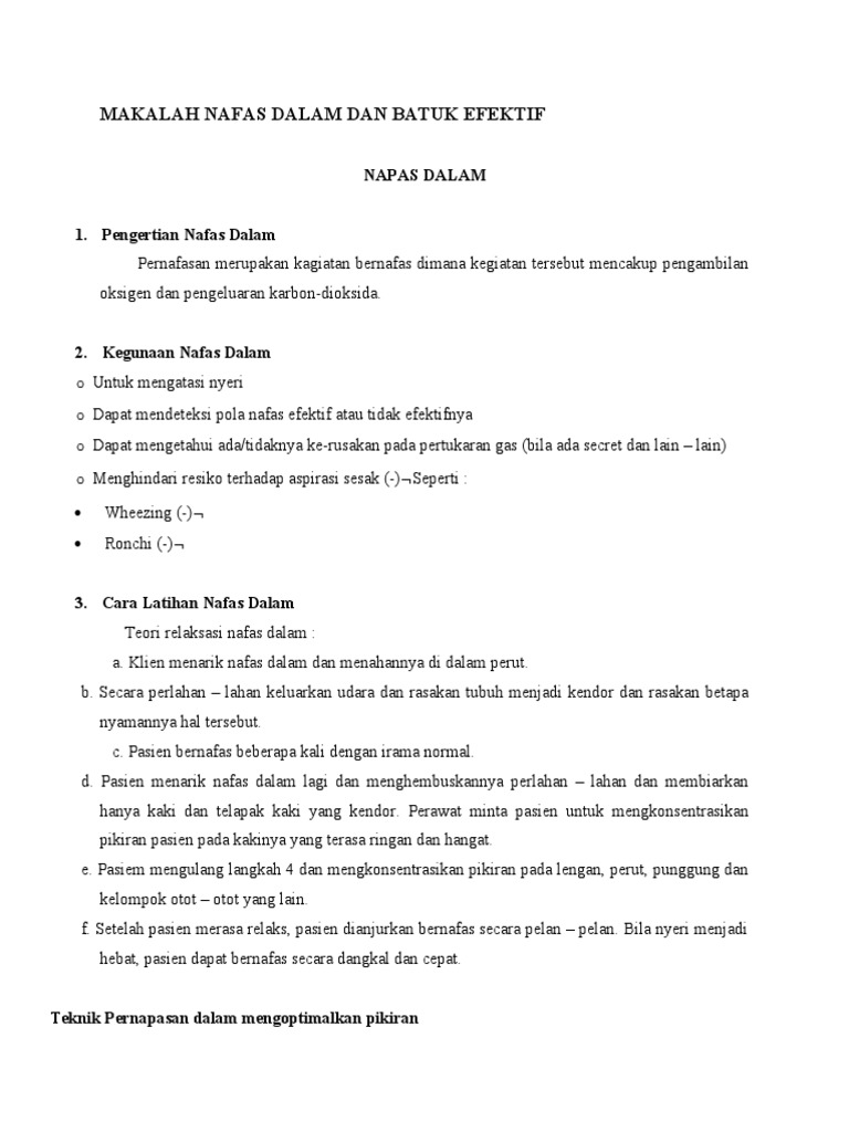 Makalah Nafas Dalam Dan Batuk Efektif | PDF | Pengembangan Diri | Kesehatan Holistik