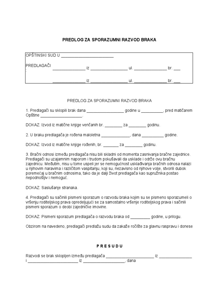 Predlog Za Sporazumni Razvod Braka | PDF