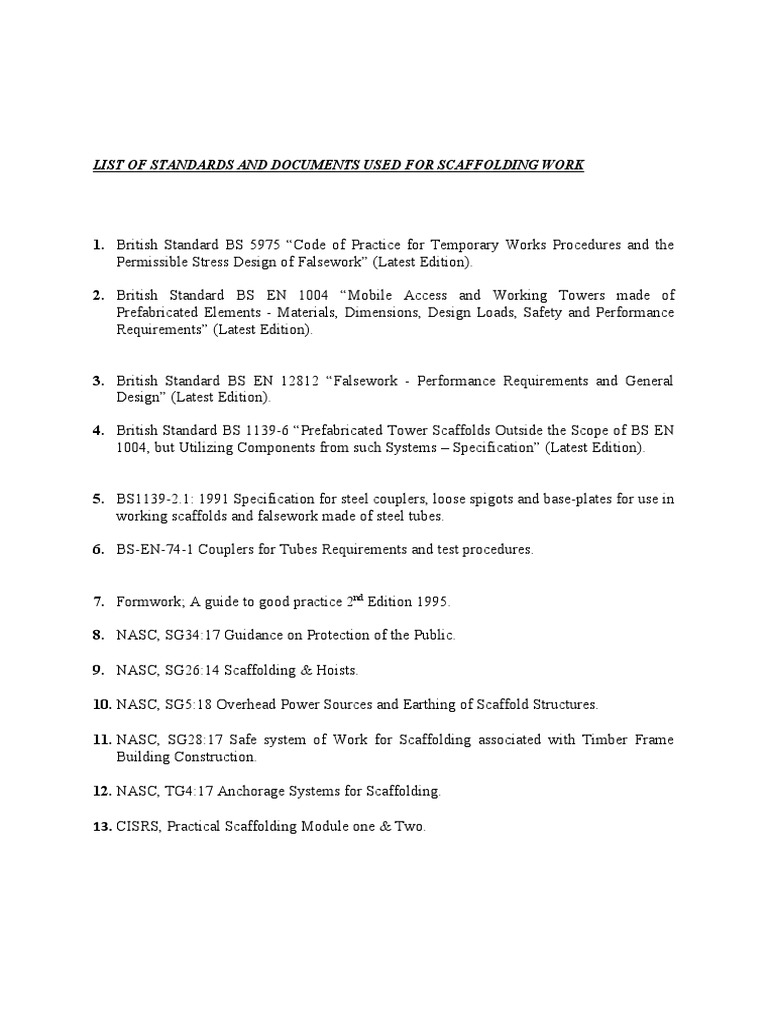 List of Standards Used in The Scaffolding Work | PDF
