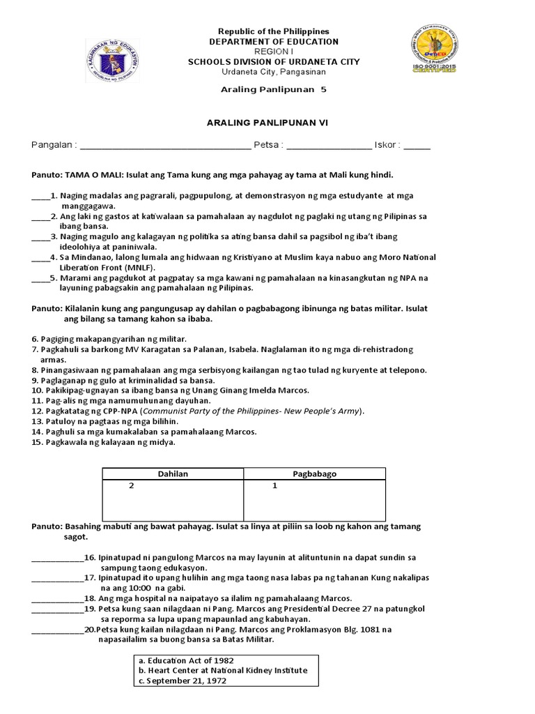 4th Quarter Summative Test In Ap 6 With Key To Correction Pdf