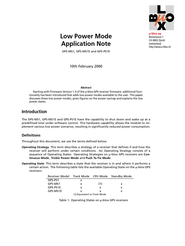 Low Power Mode Application Note (GPS-MS1, GPS-MS1E and GPS-PS1E) (GPS G1-X-00003) | PDF | Global ...