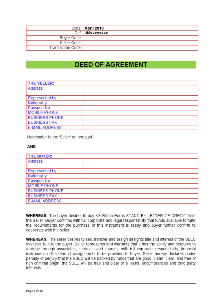 SBLC Transaction Agreement | PDF | Letter Of Credit | Wire Transfer