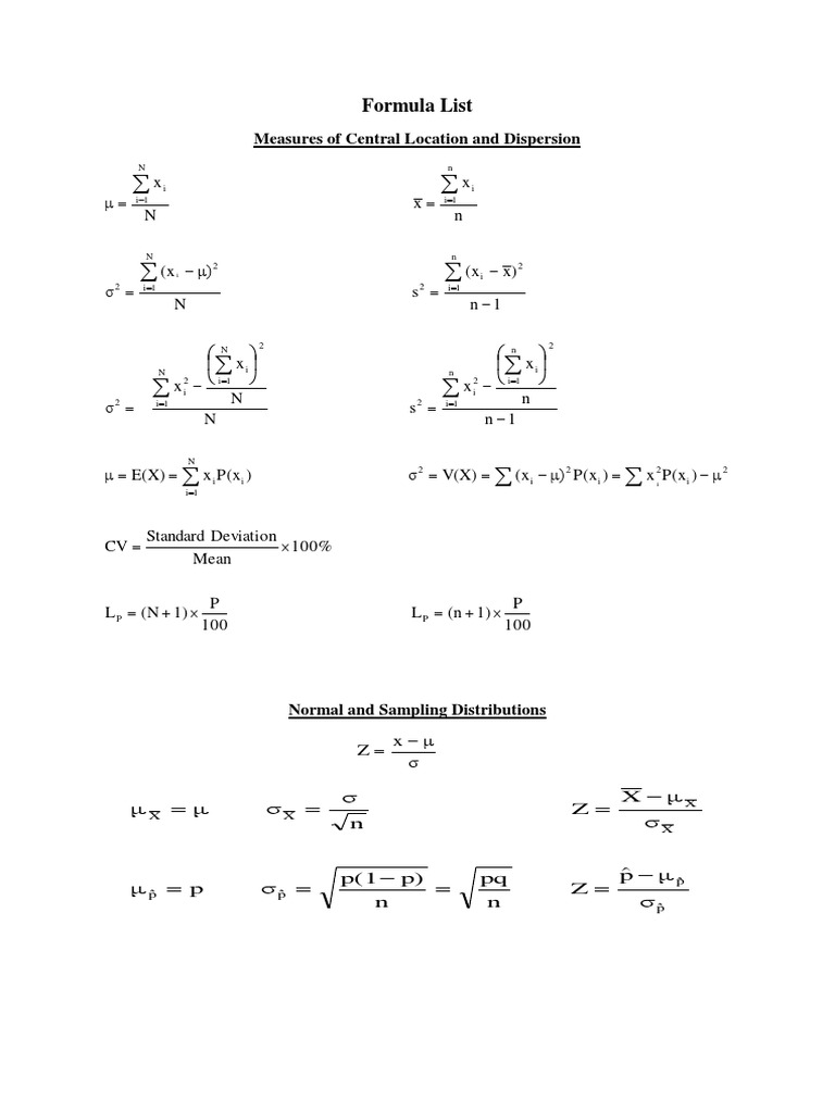 Formula Sheet Final Exam | PDF | Standard Deviation | Inductive Reasoning